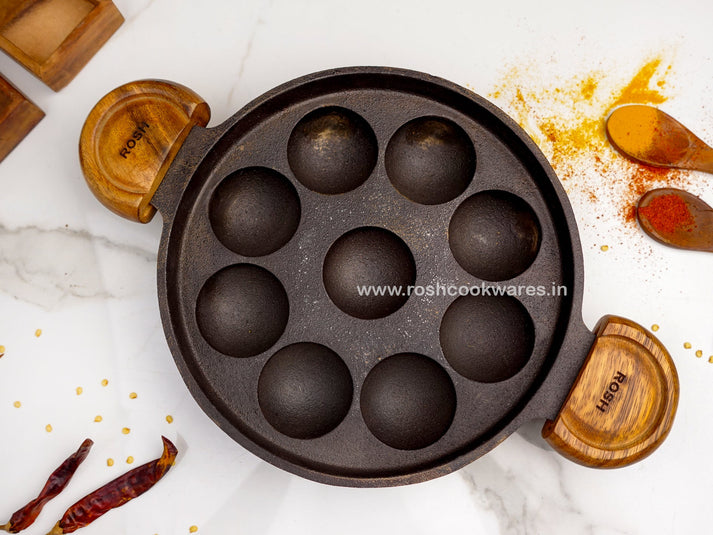 Paniyaram Pan - 9 Pit - Round - Induction Base . Premium Wooden Handle ...
