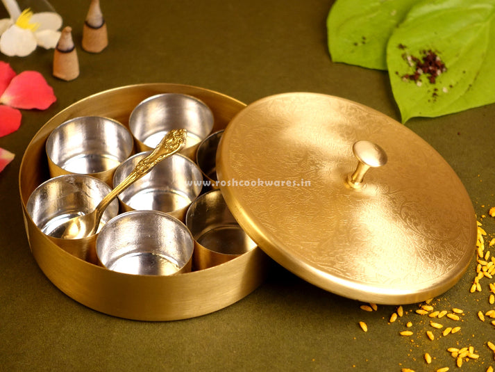 Spice Box - Pooja Box - Brass - Mat Finish - Floral . – Rosh Cookwares.