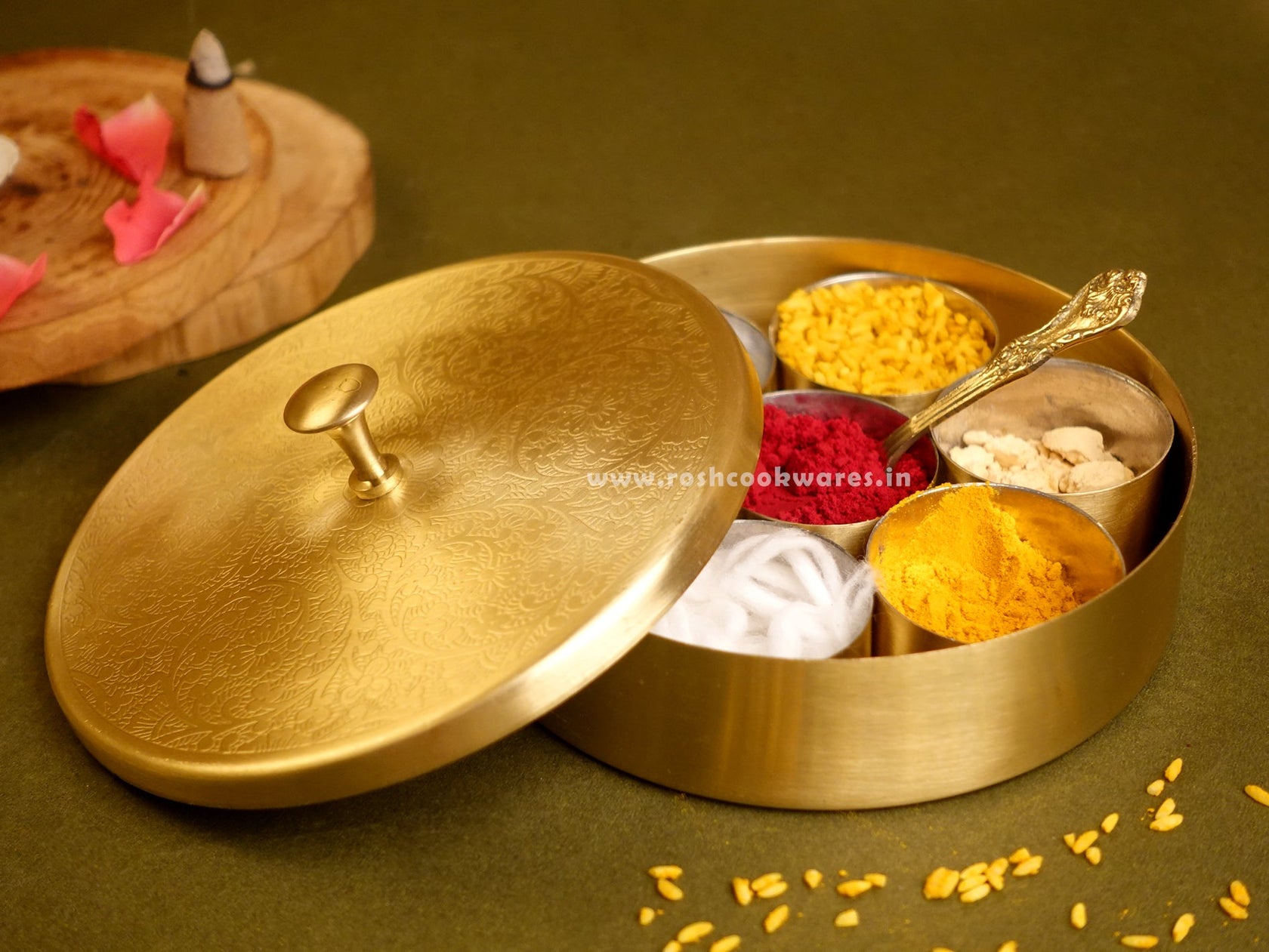 Spice Box - Pooja Box - Brass - Mat Finish - Floral . – Rosh Cookwares.
